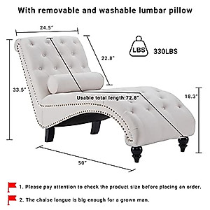 Iroomy Button-Tufted Chaise Lounge Indoor with Solid Wood Legs & Support Pillow, Upholstered Chaise Lounge Chair for Bedroom Living Room Office, Armless Rolled Backrest Leisure Sofa Recliner(Beige)