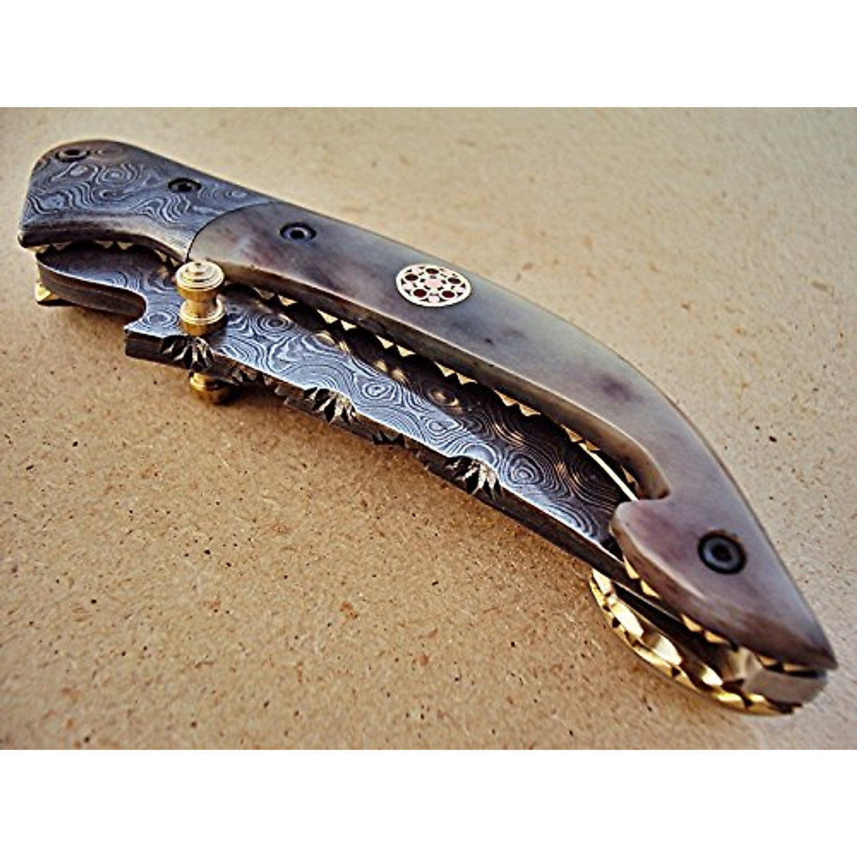 Limited Edition - FNA-32 Custom Handmade Damascus Steel Folding Knife - Beautiful Camel Bone Handle with Damascus Steel Bolsters