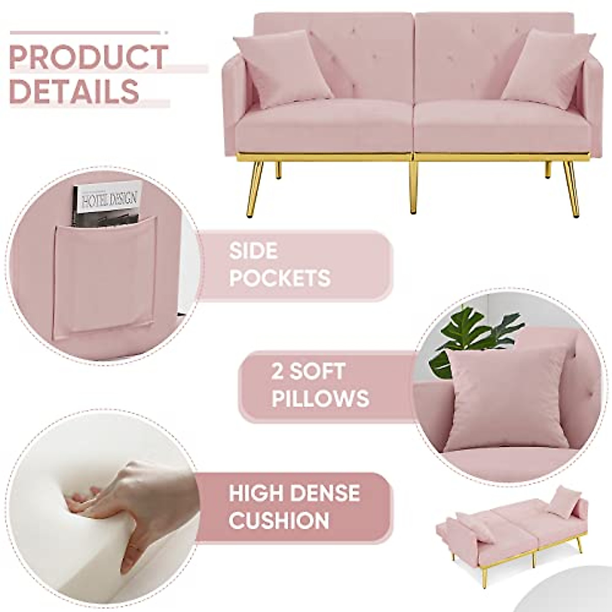Antetek Convertible Futon Sofa Bed, 59-inch Modern Velvet Sleeper Sofa Small Loveseat with Two Pillows, 3 Adjustable Positions and 6 Golden Metal Legs Furniture for Living Room and Bedroom, Pink