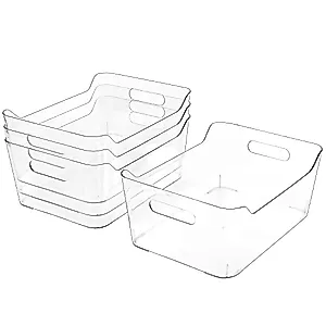 Kazozobi X-Large Plastic Storage Bins with Built-in Handles, 4 Pack Clear Pantry Food Organization and Storage, Open Container for Fridge, Kitchen, Bathroom and Bedroom