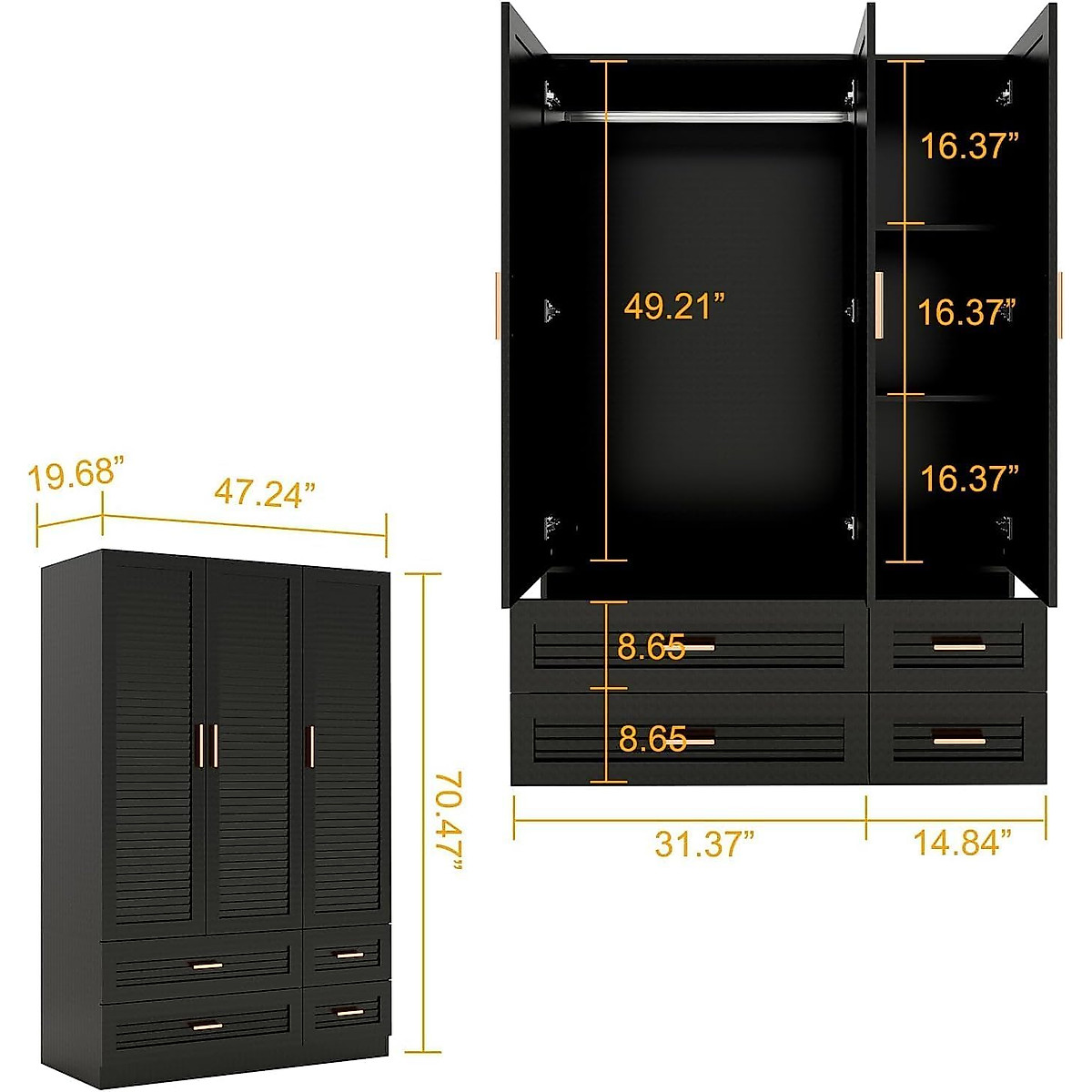 Keloyid Tall Armoire Wardrobe Closet with 4 Drawers, 3-Tier Shelves & Hanging Rod, 3 Louver Doors Wooden Closet Storage Cabinet for Bedroom, Black