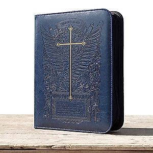 ROTCROSS Bible Cover,Blue Faux Leather Classic Bible Bag,Study Bible Case with 6 Highlighters-Original Design Bible Bag Bible Case for Men Women Father