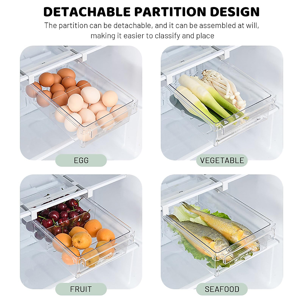 CESHRR Fridge Organizer Drawer, Refrigerator Drawer Organizer, Pull Out with Handle,Pull Out Shelf Storage Transparent Organizer for Egg,Fruit,Vegetable,Seafood,Beef-4 compartments