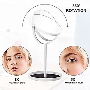 Ettori Makeup Mirror Dual Sided Vanity Mirror, 1X and 5X Magnification, 360 Swivel Round Mirror, No Light, White