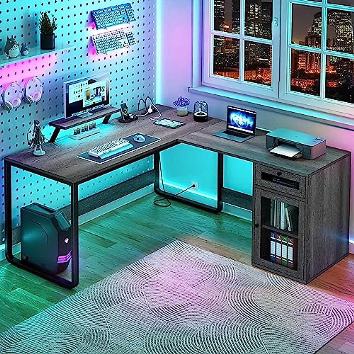 YITAHOME L Shaped Desk with Power Outlets & LED Lights, Reversible Computer Desk with Drawer, Corner Desk Home Office Desk with Monitor Stand and File Cabinet, Gaming Table, Writing Desk, Grey