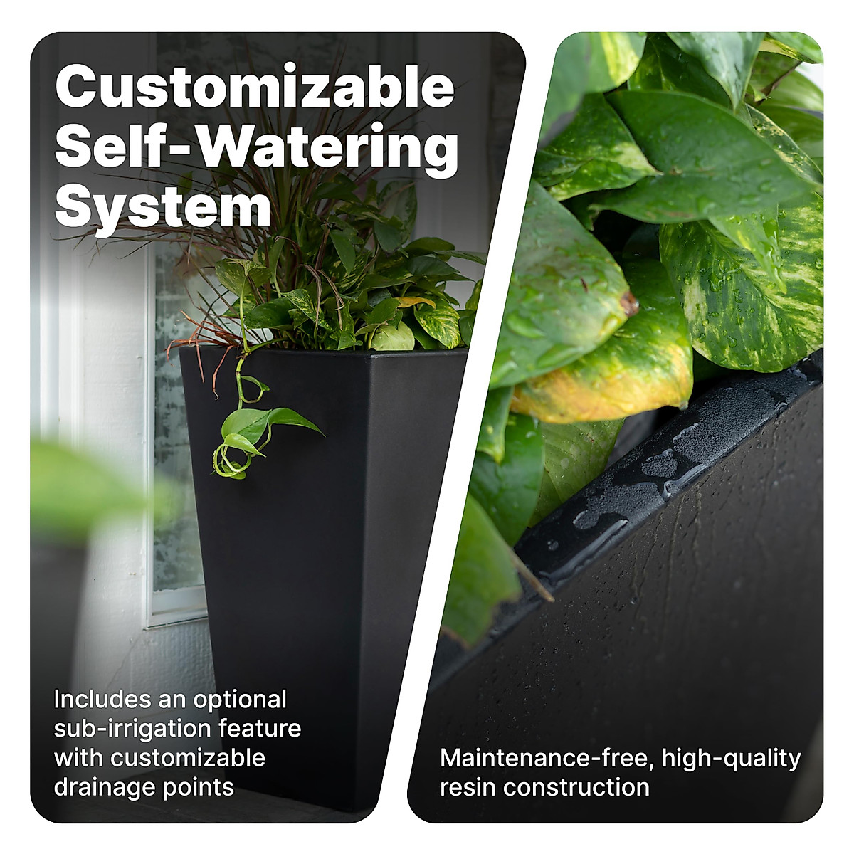 Step2 Tremont Tall Square Tapered Planter, Large Planters for Outdoor Plants, Gardening and Flower Pot for Patio or Porch, Efficient Drainage, Durable Plastic, Onyx Black, 1-Pack