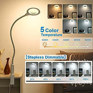 TOMSOO 26" Gooseneck Magnifying Lamp with Clamp, 5 Color Modes Stepless Dimmable LED Desk Light with Magnifying Glass, 5X Real Glass Lighted Magnifier Hands Free for Painting Close Work Craft Hobby