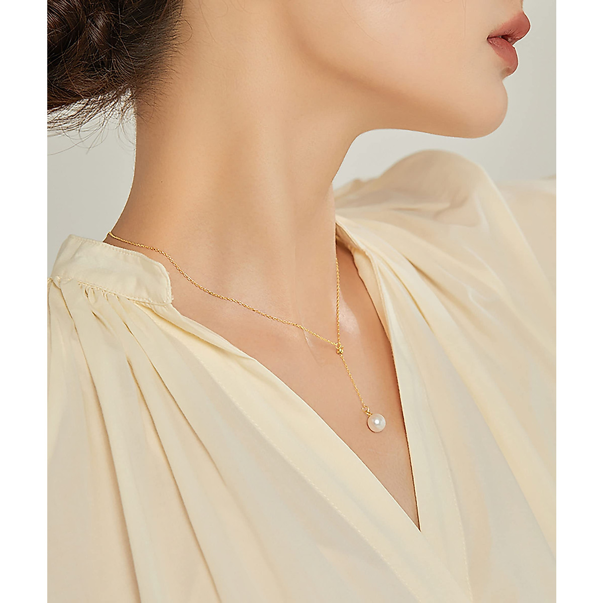 Cowlyn Y-Shaped Necklace 18K Gold Dainty Pearls Pendant Drop Long Chain Jewelry for Women