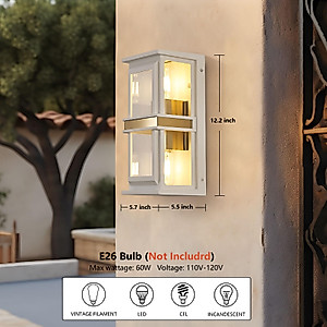 MSTETO Dusk to Dawn Sensor Outdoor Wall Light Fixtures Set of Two, Modern White & Gold Aluminium Alloy Porch Lights, Exterior Waterproof Wall Sconces with Glass Shades for Garage, Patio, Front Door