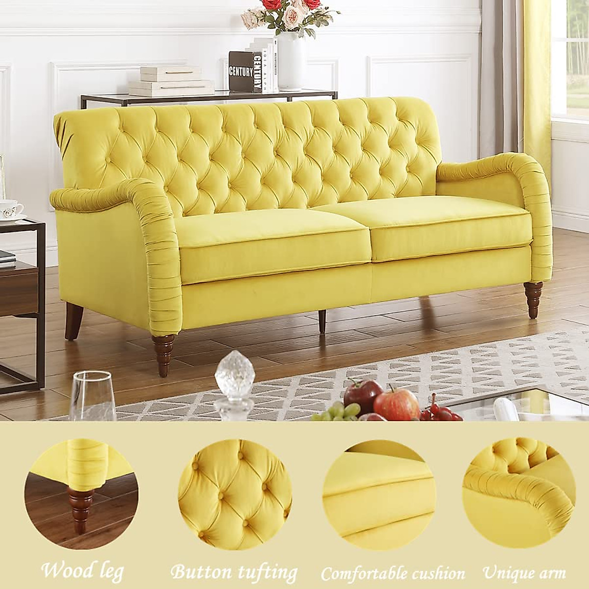 Melpomene Chesterfield-Styled 3 Seater Sofa Couch, Modern 72" Velvet Sofa with Button Tufting, Unique Arm and Wood Legs,Yellow