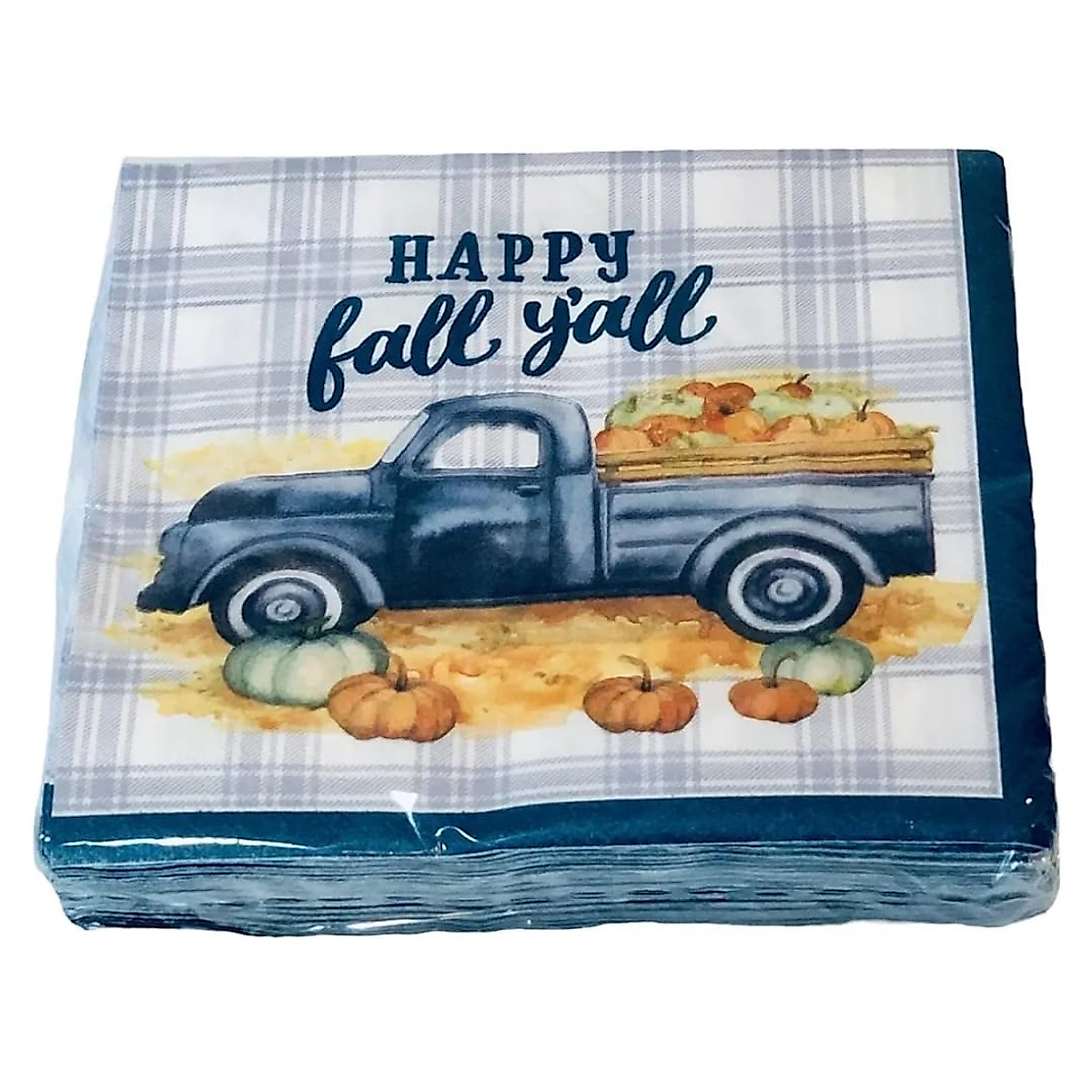 Blue Retro Pumpkin Truck Fall Beverage Cocktail Napkins | Thanksgiving Fall Autumn Harvest Paper Disposable Paper Napkins | 5" x 5" size folded | 36-ct | 2-ply | Made in USA