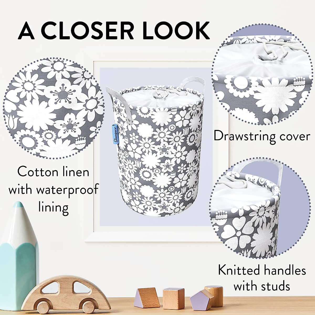 GLAMPERS Laundry Hamper 43/46/54L | Small Laundry Baskets with Sturdy Handles | Collapsible Kids Hamper for Dirty Clothes, Toys | Small, Gray Wave2