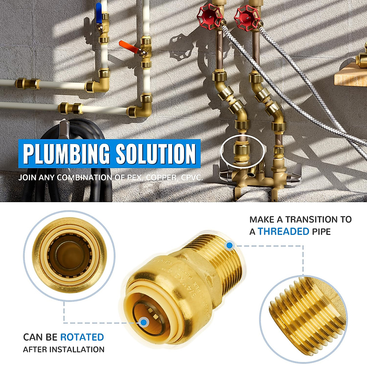 SUNGATOR Straight Connector Plumbing Fitting, Male Adapter 3/4 Inch by 3/4 Inch Push Fit PEX Fittings with Disconnect Clip, Push-to-Connect Copper, CPVC, No Lead Brass Pipe Fittings (2-Pack)