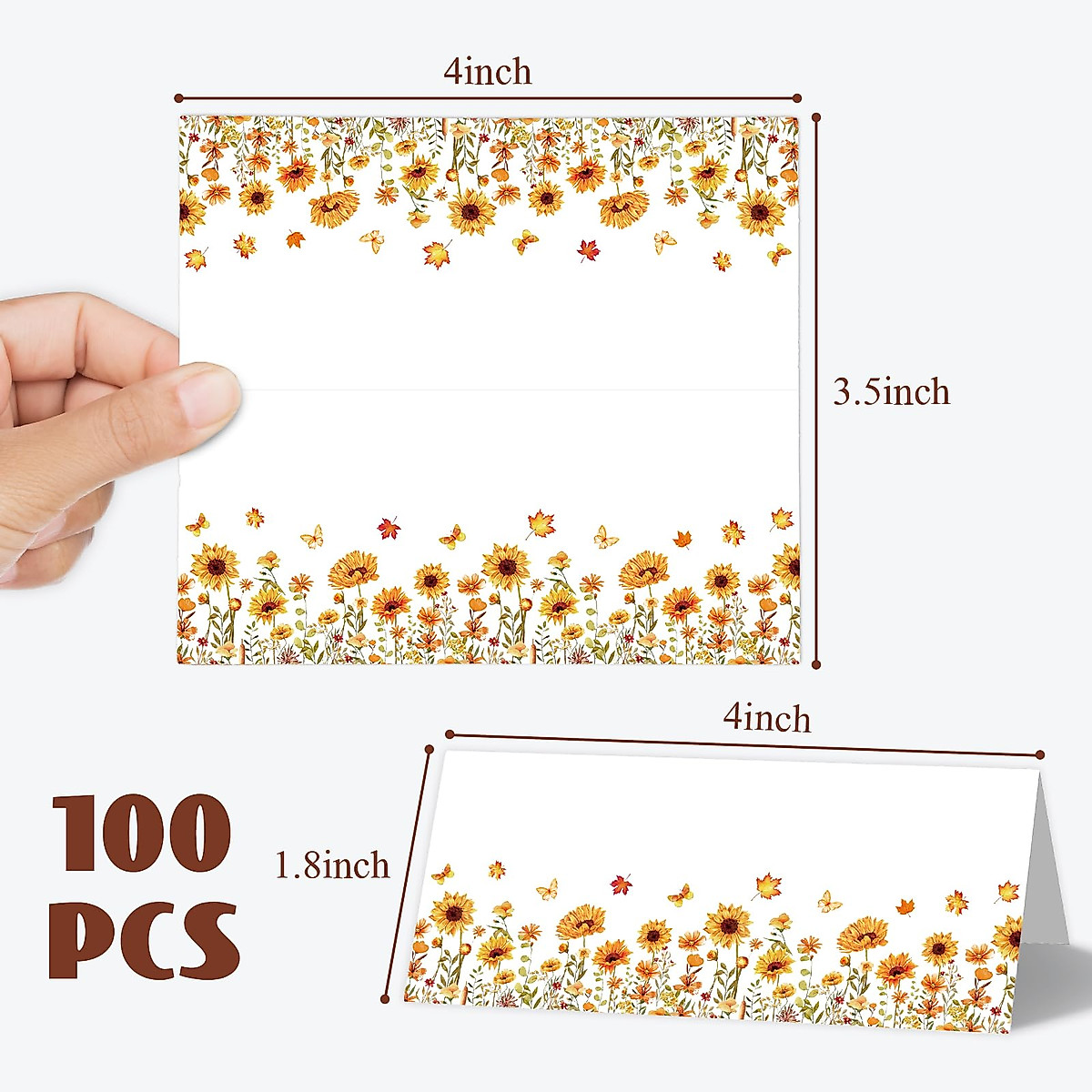 Whaline 100Pcs Fall Place Cards Orange Sunflower Maple Leaves Tented Cards Autumn Watercolor Floral Seating Cards for Thanksgiving Harvest Party Table Setting Supplies, 4 x 1.8 in