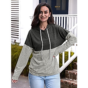 Butgood Women's Color Block Hoodies Fall Long Sleeve Sweatshirt Casual Drawstring Pullover Tops Striped Tunic Shirts Dark Grey