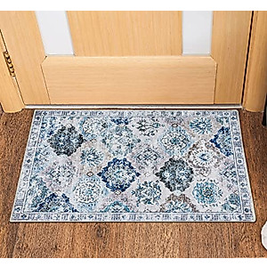 Fashriend FAZ Washable Doormat Boho Chic Medallion Trellis Distressed Non-Slip Foldable Washable Area Rug 2'×3' Stairway Entryway Silver Purple Multi