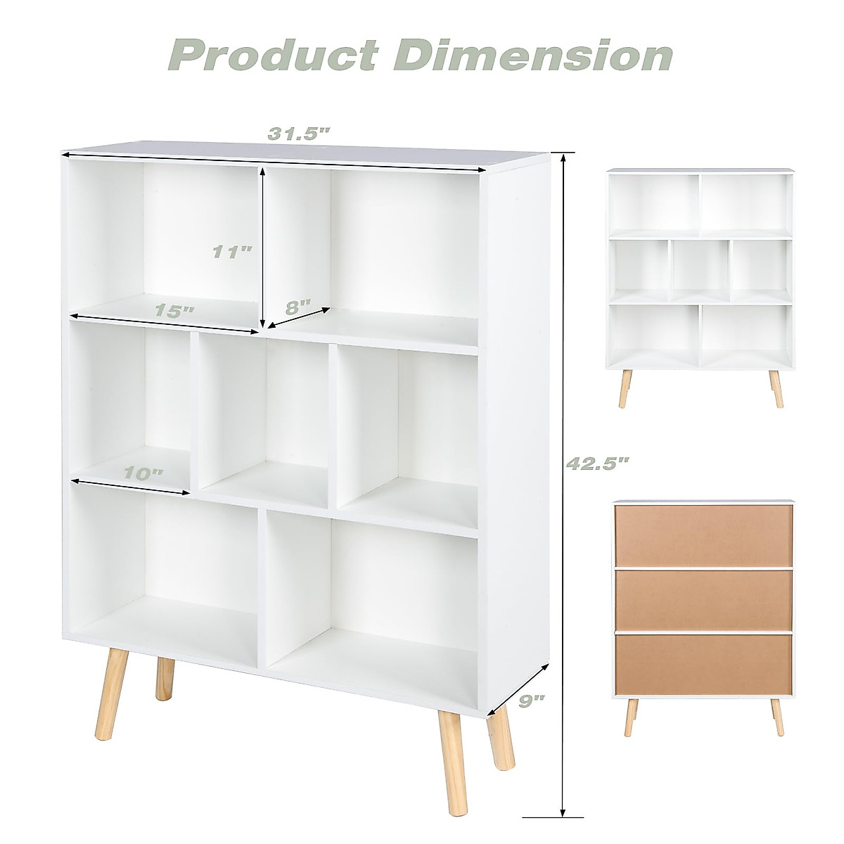7 Cube White Bookshelf, 3 Tier Book Shelf with Legs Minimalist Bookcase Free Standing Display Cabinet Rack for Living Room, Office, Bedroom, Study Room (Contains Anti-Tipping Parts)