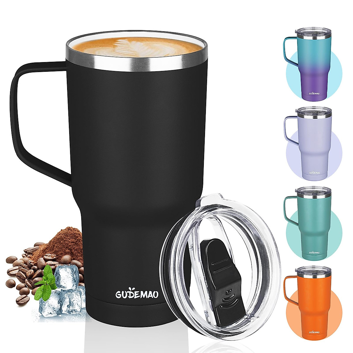 20 oz Insulated Coffee Mug with Ceramic Coating, Stainless Steel Travel Mug Tumbler with Handle Lid and Straw, Double Wall Leak-Proof Thermos Coffee Travel Mug Keeps Drink Hot and Cold (Black)