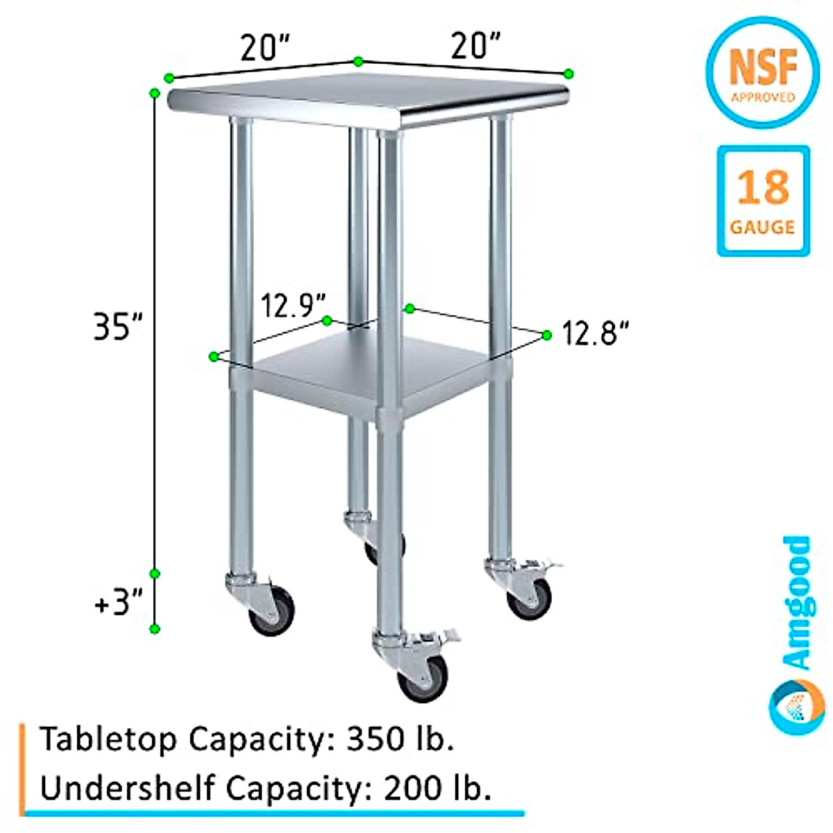 AmGood Stainless Steel Work Table with Casters | Work Station | Metal Utility Table On Wheels (Stainless Steel Work Table + Casters, 20" Long x 20" Deep)