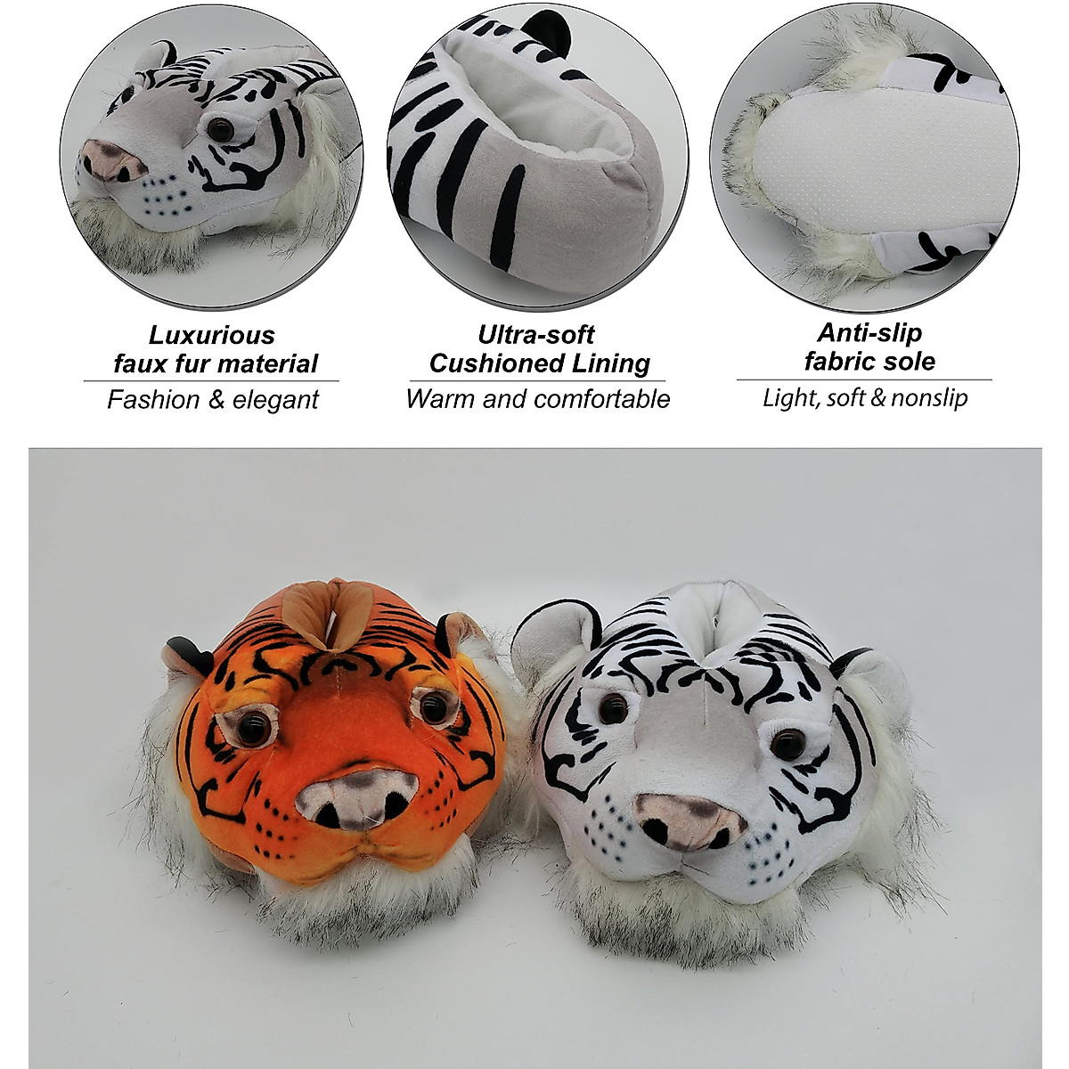Onmygogo Fuzzy Winter Animal Tiger Slippers for Men Women Adult and Kids, Novelty slippers for Halloween Christmas(7-9, white tiger)