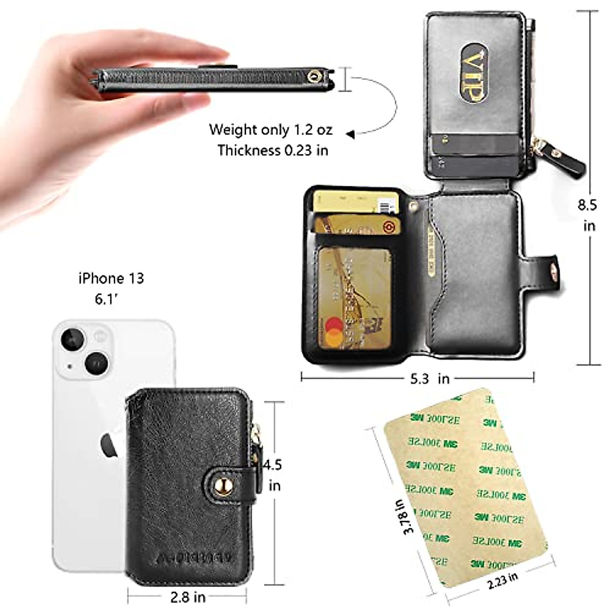 M-Plateau Small Wallet for Women Large Capacity with ID Window, Phone Wallet with 3M Adhesive Card Holder for Phone Case (Compatible with Most Smartphones) (Black)