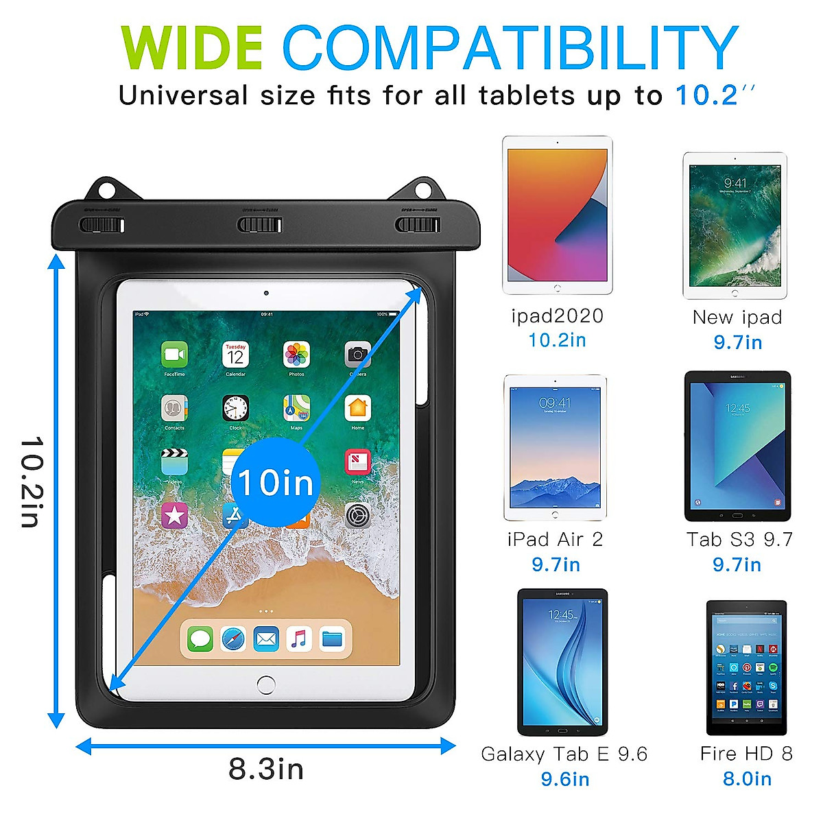 MoKo Waterproof Tablet Case, Tablet Pouch Dry Bag for iPad Mini 6, iPad 9, iPad 9.7 6/5/4/3/2, iPad Pro 9.7, iPad Air 5 10.9/3/2, Samsung Tab S4/ S3/ S2/Tab A 9.7, Galaxy Note 8, Tab E 9.6