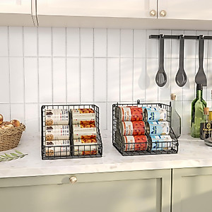 Stackable Can Organizer for Pantry with 2 Adjustable Dividers, Soda Can Organizer, Can Storage Dispenser Holds up to 28 Cans, 2 tier Metal Wire Baskets Can Holder for Kitchen Cabinet Pantry, Black