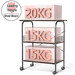 Kitchen Storage Shelf Rack Bathroom Shelf, 3-Tier DIY Storage Rack Multipurpose Shelf with Casters, for Kitchen, Living Room, Bathroom, Balcony, Rustic Look, Metal Wooden Combination (3-Shelf)