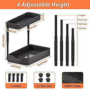 Adjustable Height Under Sink Organizers and Storage, 2 Tier Slide Out Shelf Under Cabinet Kitchen Storage with 4 Hooks, Pull Out Under Sink Organizer for Kitchen Bathroom Counter Office Pantry