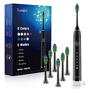7AM2M Sonic Electric Toothbrush with 6 Brush Heads for Adults&Kids, One Charge for 120 Days, Wireless Fast Charge, 5 Modes, 40000VPM Powered Toothbrush, 2 Minutes Built in Smart Timer (Black)