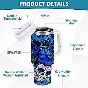RPLIFE Blue Flowers Sugar Skulls Stainless Steel Coffee Tumbler, Insulated Water Bottle with Straw, Tumbler for Men