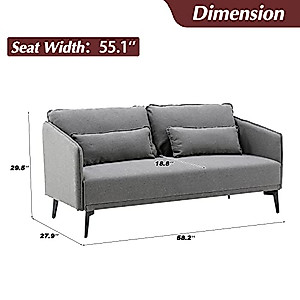 Upholstered Modern Loveseat Sofa Couch, Mini Couch with 2 Pillows and Metal Legs, 58" W Fabric Comfy Couches Furniture for Living Room, Bedroom, Compact Small Space, Apartment, Office (Grey)