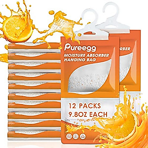 Pureegg Moisture Absorbers Hanging Bag - 12 Packs, Citrus Scent, Odor Absorber for Narrow Spaces, Efficient Humidity Absorber for Kitchens, Basements, Bathrooms, Hanging Closet Odor Eliminator