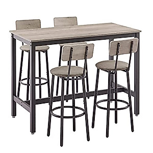 CKLMMC 5 Piece Industrial Bar Table Set,Pub Bistro Table and PU Upholstered Stools with Backrest, Counter Height Dining Table Set for Kitchen Small Space (Grey# Set of 5)