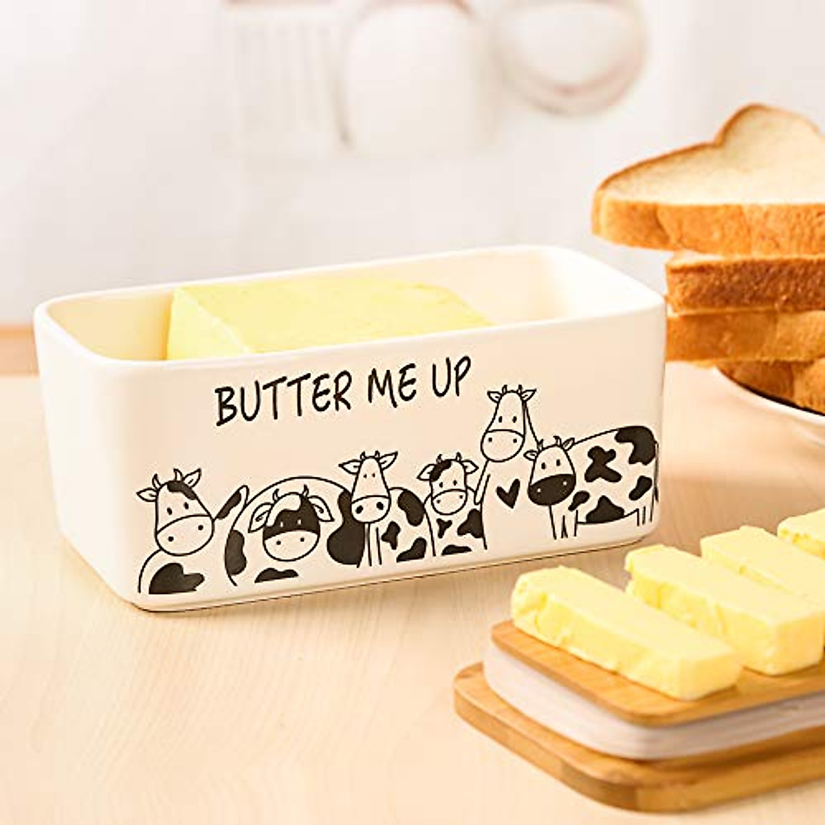 Lumicook porcelain butter dish with lid, Natural bamboo lid, seal included for airtight butter dish, butter holder easily fits 2 sticks of butter (White)