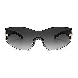 JM Rimless Y2K Sunglasses for Women Men, Oversized Trendy Shield Wrap Around Shades Green/Gradient Grey