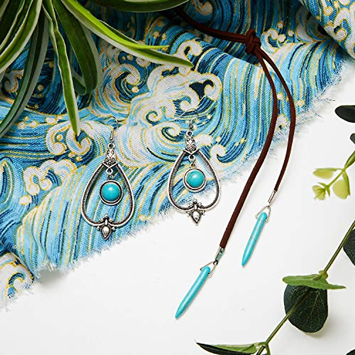 Hicarer Bohemian Turquoise Pendant Long Choker Suede Choker Necklace with Vintage Turquoise Statement Dangle Earrings for Women
