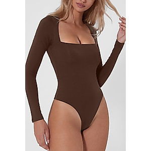 QINSEN Sexy Bodysuit for Women Square Neck High Cut Thong Tops Long Sleeve Shirt Coffee Bean XL