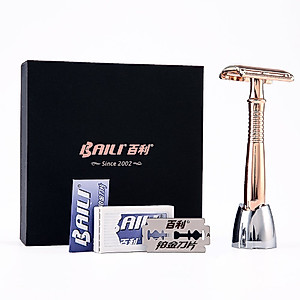 BAILI 3-Piece Double Edge Safety Razor Long Handle Wet Shaving for Men Women with 5 Platinum Blades and Stand Rose Gold BD193G