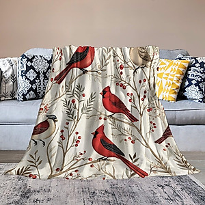 MaSiledy Red Birds Pine Cones Berry Winter Holiday Blanket Cardinal Red Birds Throw Blanket for Couch 60"x80" Throw Blankets Flannel Blanket Home Decor for Bed Couch Chair Living Room for Adults