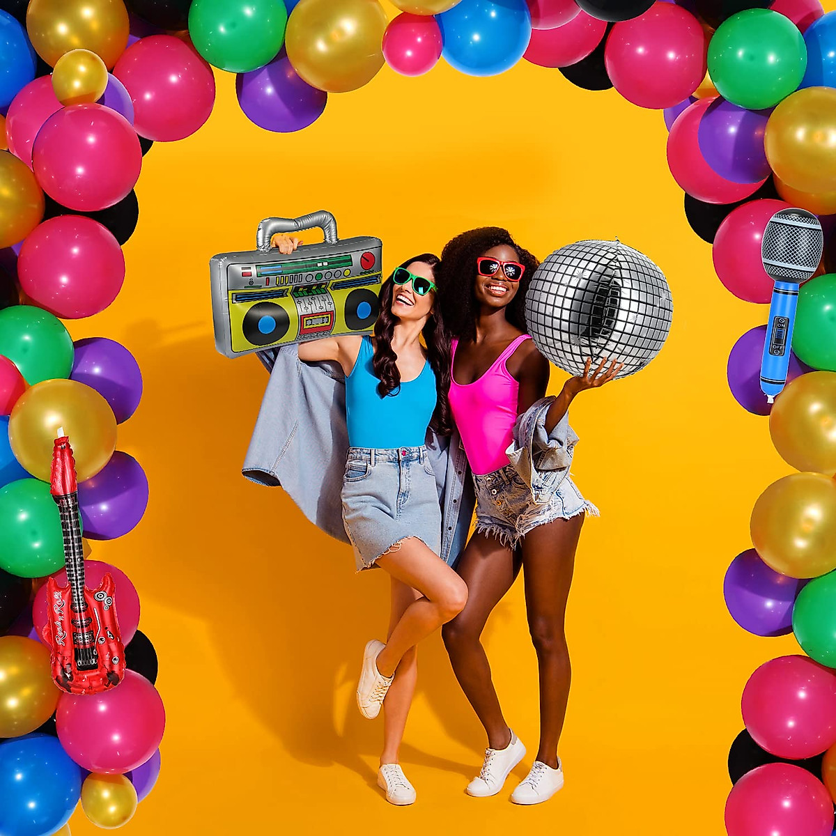 90s 80s Theme Disco Party Decoration Disco Balloons Colorful Balloon Arch Garland with Inflatable Radio Guitar Microphone 4D Foil Balloons for Back to 90s Birthday Supply