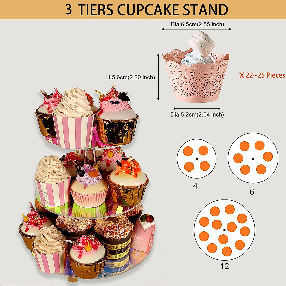 HAOWUJIN Rainbow Acrylic 3 Tier Cupcake Stand for 24 Cupcakes, Cake and Cupcake Tower Combo Display for Baby Shower, Graduation, Weddings, Birthday Parties, Round