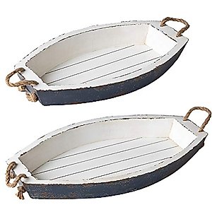 Distressed White Nesting Wood Serving Tray for Eating with Rope Handles,Set of 2 Farmhouse Handwork Boat Shaped Large Decoration Serving Trays for Party Kitchen Counter, Dining Room Coffee Table