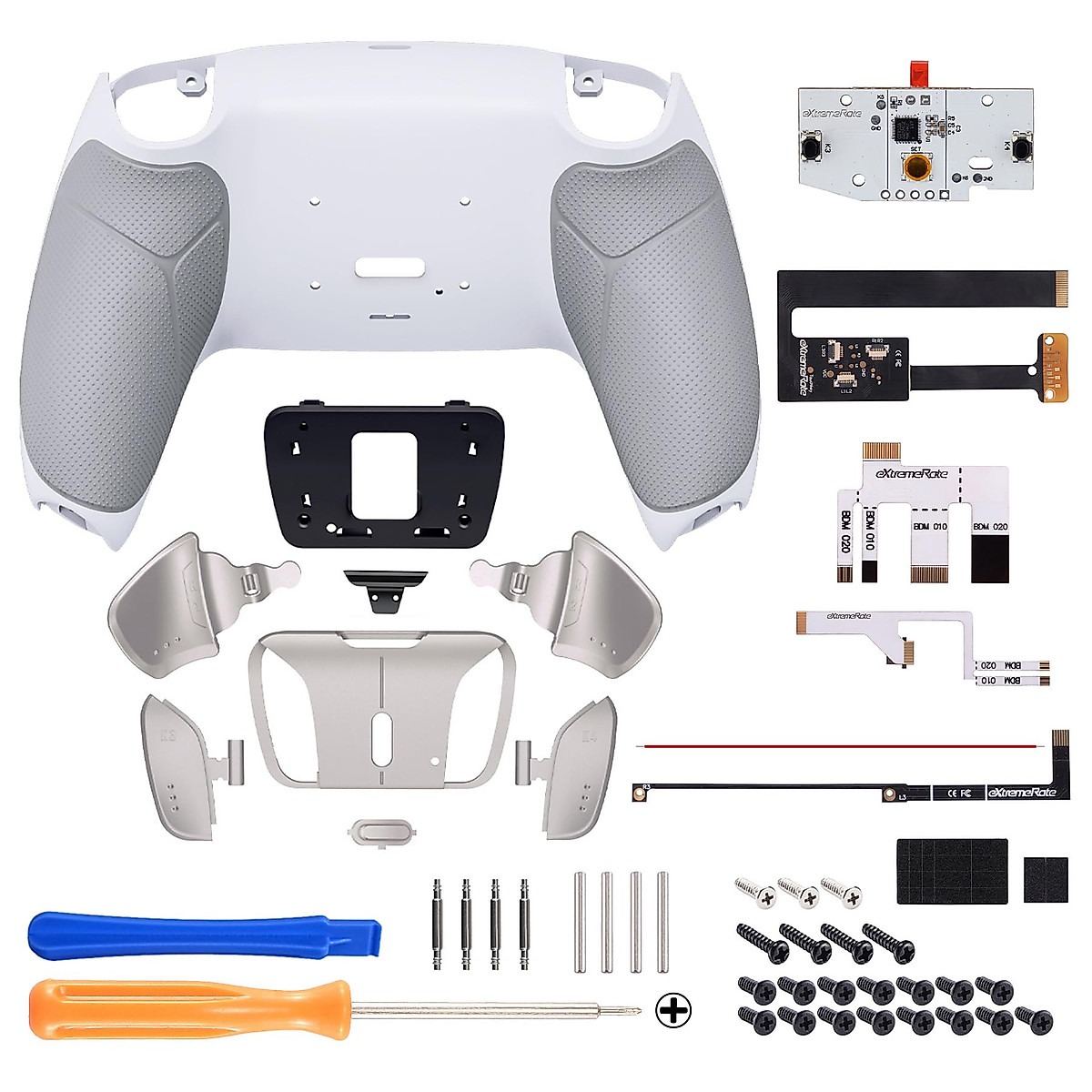 eXtremeRate Silver Real Metal Buttons (RMB) Version RISE4 Remap Kit for PS5 Controller BDM-010 020 w/Gray Rubberized Grip White Redesigned Back Shell, Upgrade Board, 4 Back Buttons for PS5 Controller