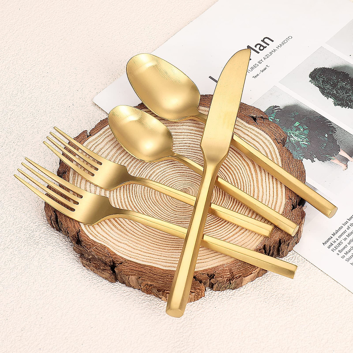 Zerophilo Matte Silverware Set Gold Flatware Set with Hexagon Handle 20 Pieces 18/0 Stainless Steel Cutlery Set Wedding Housewarming Gift Service for 4 (Matt gold)