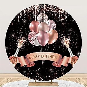 AWERT Polyester Diameter 7ft Round Happy Birthday Photos Backdrop Rose Gold Balloons Champagne Glitter Sequins Black Photography Background Girls Princess Birthday Party Studio Photo Props