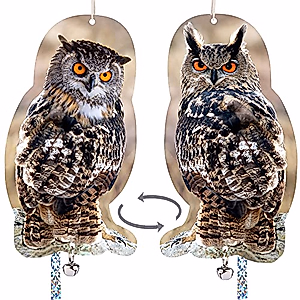 kungfu Mall Bird Scarer, 2 Pack Fake Owls to Keep Birds Away, Reflective Owl Hanging Decoration, Dual-Side Printed Raster Fake Hawk Eagle to Keep Birds Away from Garden Patio Windows