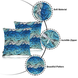 Swono Ocean Wave Pillow Covers, Abstract Swirls Ocean Sea Waves Decorative Pillow Case Home Sofa Cushion Set, Blue Waves Pillow Cushion Cases for Bed/Patio/Garden/Balcony, 2-Pack, 18x18 Inch