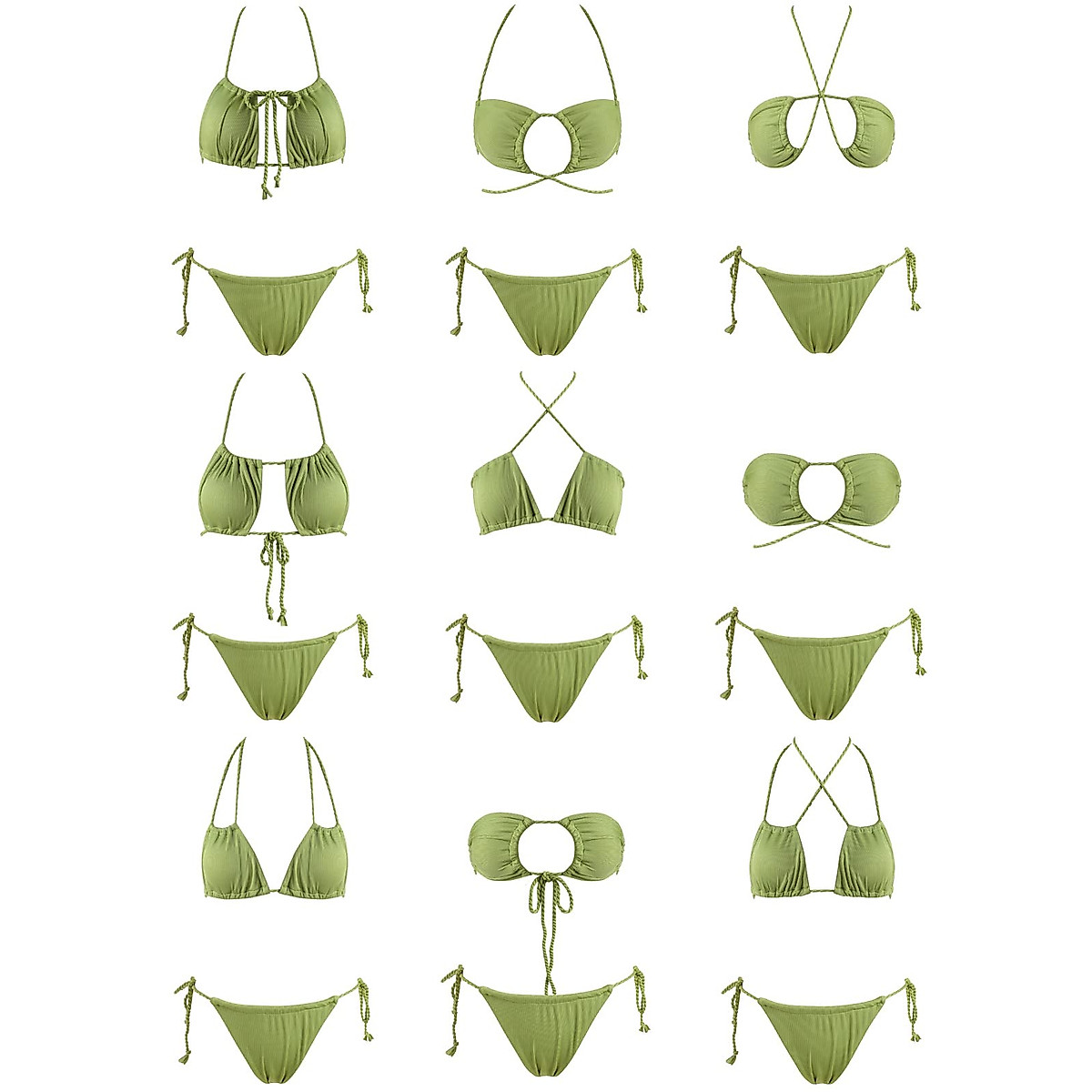 ZAFUL Ribbed Sexy Halter Bikini for Women Multi Way Bikini Sets Tie Side High Cut Two Piece Swimsuit Green M