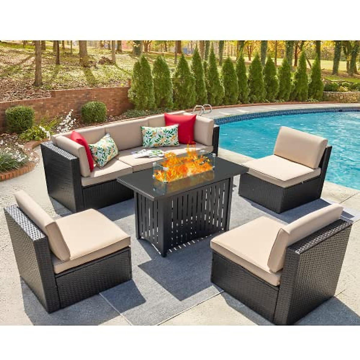 Devoko 7 Pieces Outdoor Patio Furniture Set Sectional Sofa Set with Propane Fire Pit Table and Cushions for Backyard, Bistro and Poolside (Beige)